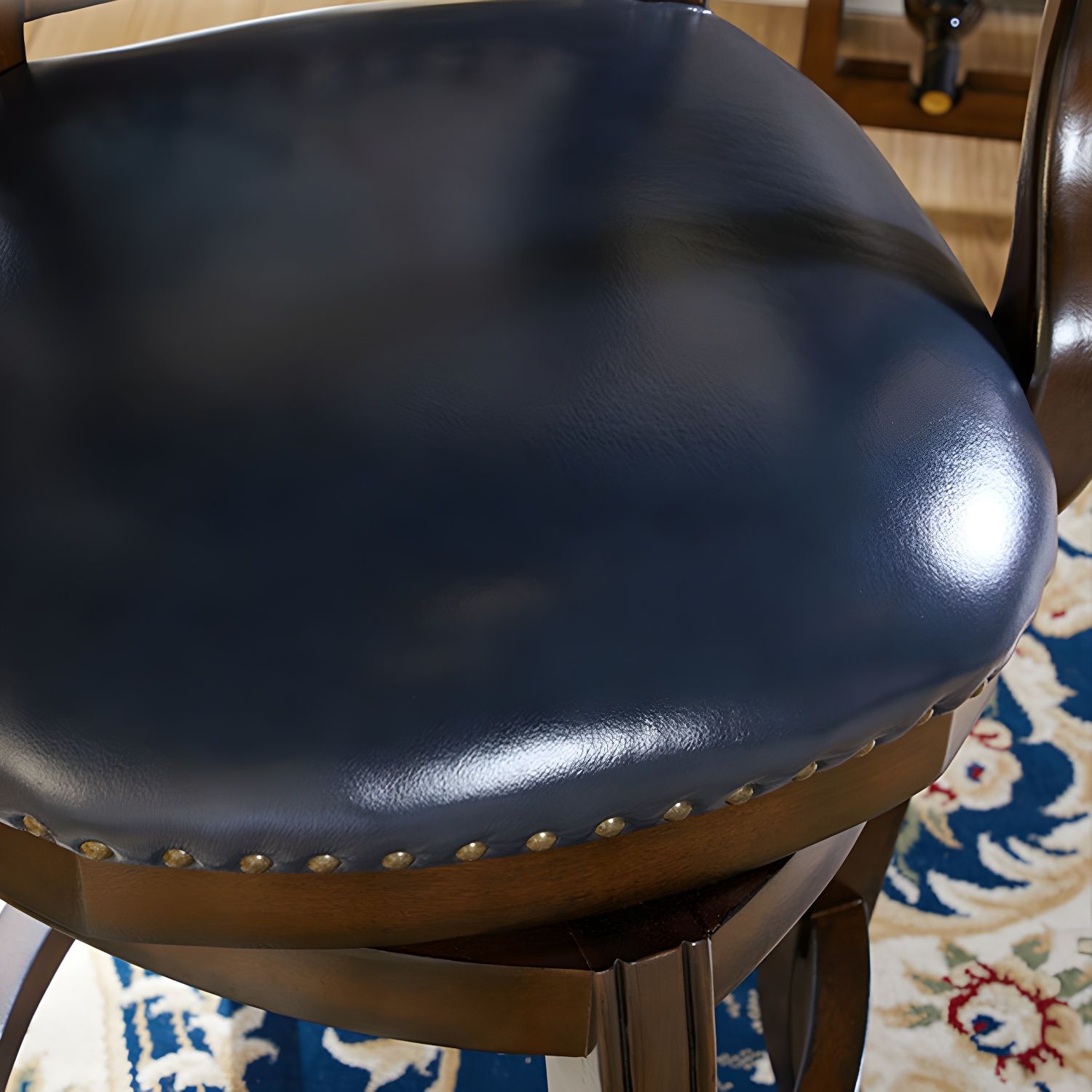 Coastal Traditional Solid Wood Swivel Stool with Leather Seat and ...