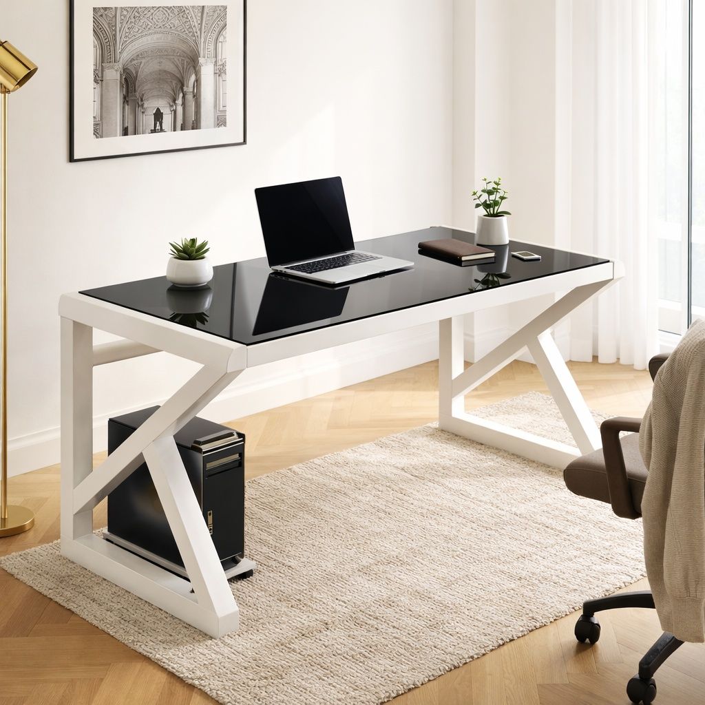 Modern Z-Frame Glass Computer Desk – Tempered Glass Top with Reinforced ...