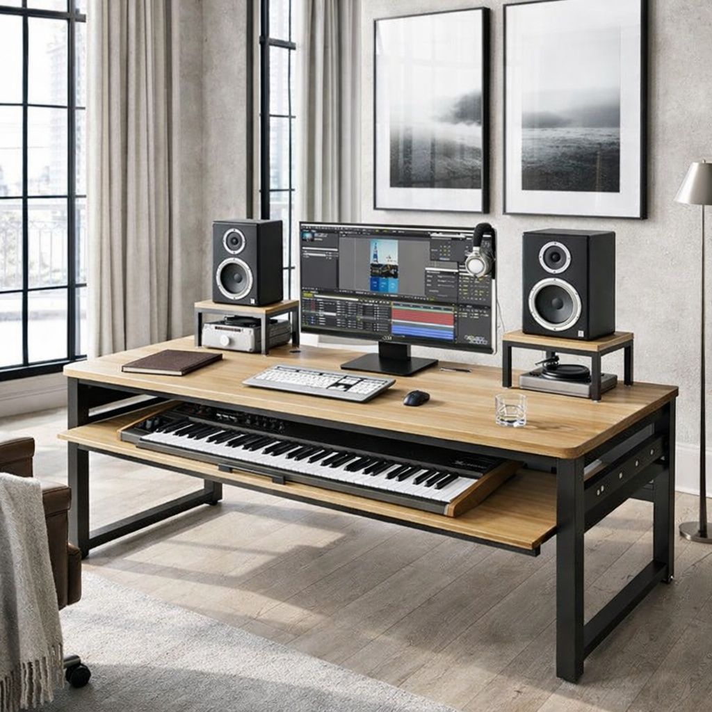 Music Studio Recording Desk with Sliding MIDI Keyboard Tray, Dual-Tier ...