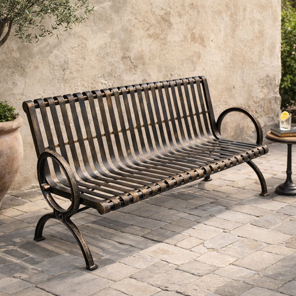 Industrial Steel Outdoor Garden Bench, Weather-Resistant Slatted ...